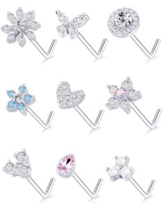 tornito 9pcs nose rings stud l shaped nose ring flower cz snowflake butterfly screw nose stud body piercing jewelry for women men 20g silver tone