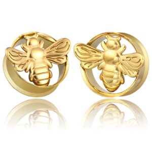 lademayh 2pcs 00 gauges for women, cute gold 00g plugs gauges for ears, bee design 00g tunnels earrings surgical steel gauges size 00 gauge earrings