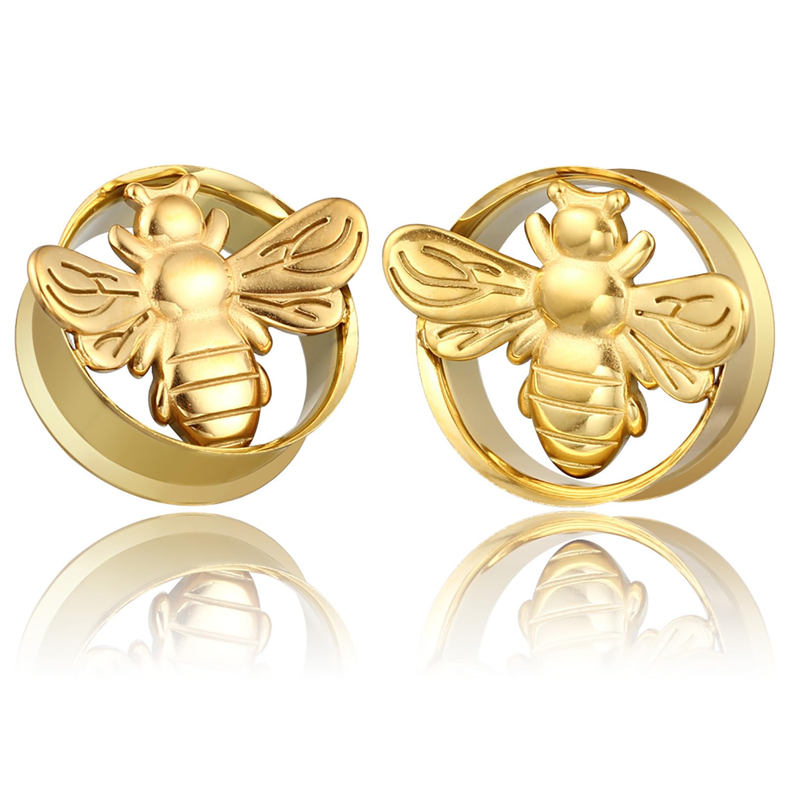 LADEMAYH 2Pcs 00 Gauges for Women, Cute Gold 00g Plugs Gauges for Ears, Bee Design 00g Tunnels Earrings Surgical Steel Gauges Size 00 Gauge Earrings