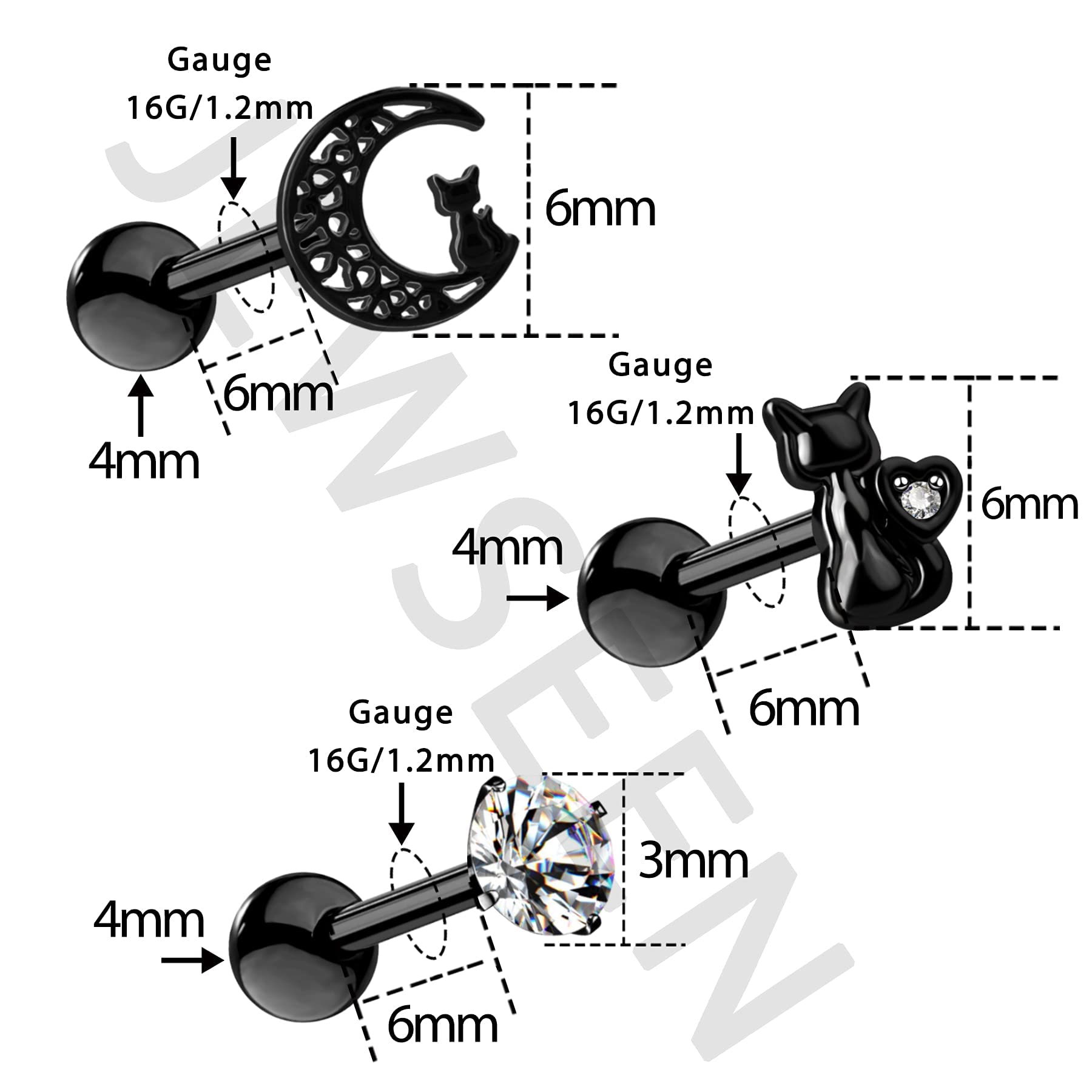 Jewseen 16g Cartilage Earring Moon Cat Conch Earring 316L Stainless Steel Helix Earring 3pcs Tragus Earrings Ghost Piercing Jewelry for Halloween Day