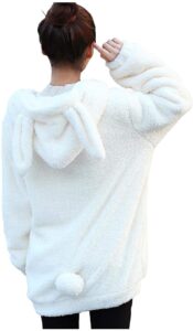 women bunny ears hoodie fluffy bunny sweatshirt top coat long sleeve kawaii clothes cute hoodies jacket (bunny white)