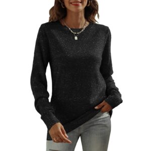 dutut women's long sleeve glitter tops crewneck pullover sweater basic casual solid color tunic tops fall soft sweater black