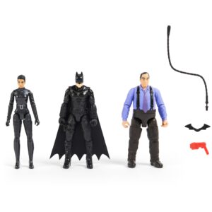 dc comics, batman 3-pack with exclusive 4” batman, selina kyle, the penguin action figures, 3 accessories, batman movie kids toys (amazon exclusive)