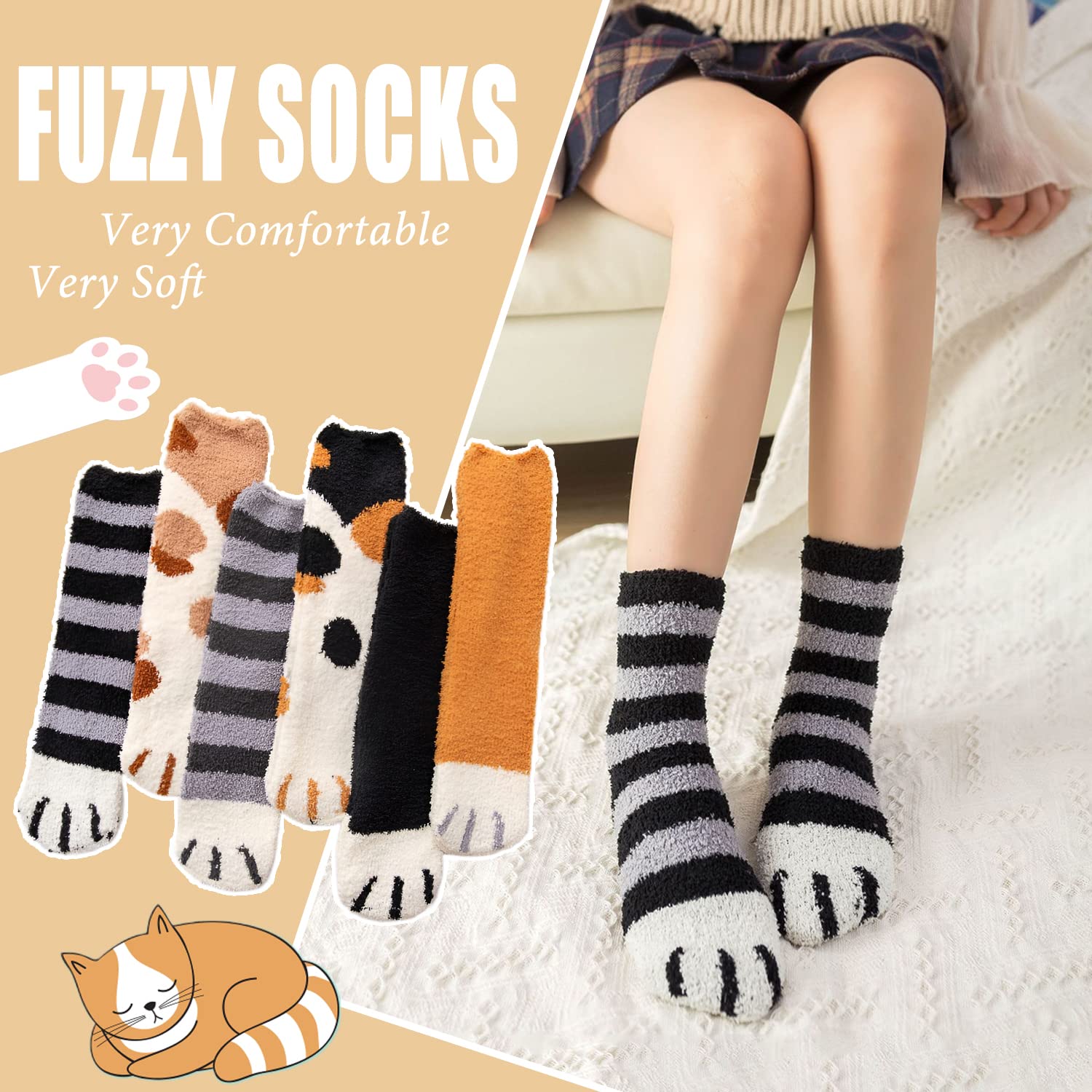 Ginmewrae Women Fuzzy Socks 6 Pairs Cozy Soft Fluffy Cute Cat Animal Slipper Socks Home Sleeping Warm Socks Christmas Gifts Pack for Women