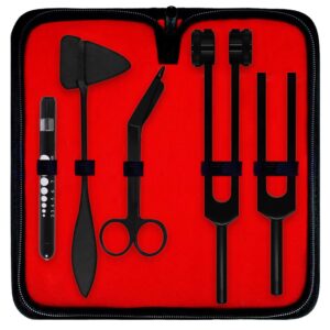 dexsur diagnostics kit - percussion taylor reflex hammer + c 128 & c 512 tuning forks + bandage scissors + pupil gauge pen light in carrying case - 6 pieces set - full black