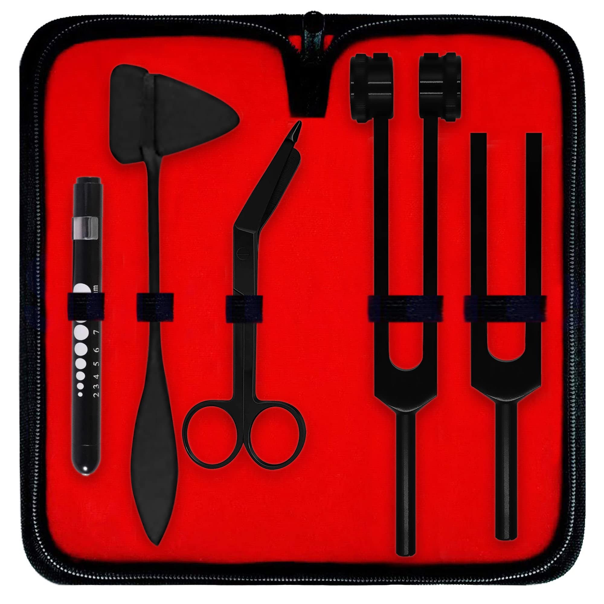 DEXSUR Diagnostics Kit - Percussion Taylor Reflex Hammer + C 128 & C 512 Tuning Forks + Bandage Scissors + Pupil Gauge Pen Light in Carrying Case - 6 Pieces Set - Full Black