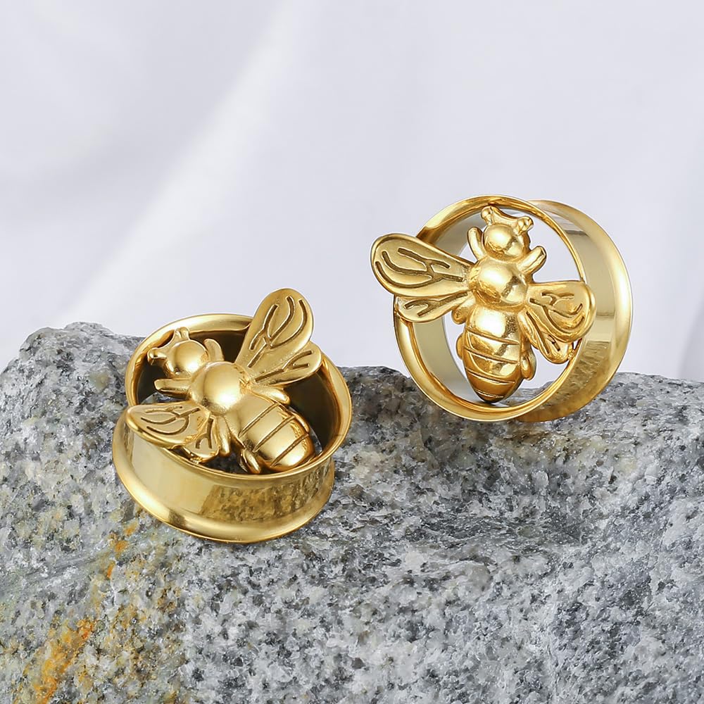 LADEMAYH 2Pcs 00 Gauges for Women, Cute Gold 00g Plugs Gauges for Ears, Bee Design 00g Tunnels Earrings Surgical Steel Gauges Size 00 Gauge Earrings