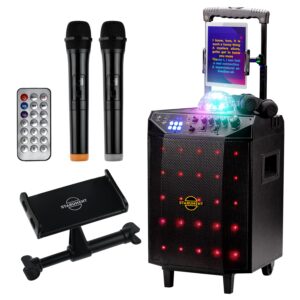 starument portable karaoke machine for adults & kids complete karaoke system includes bluetooth speakers on wheels, 2 bluetooth microphones, disco ball, led speaker light, cell phone stand & usb aux