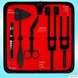 DEXSUR Diagnostics Kit - Percussion Taylor Reflex Hammer + C 128 & C 512 Tuning Forks + Bandage Scissors + Pupil Gauge Pen Light in Carrying Case - 6 Pieces Set - Full Black