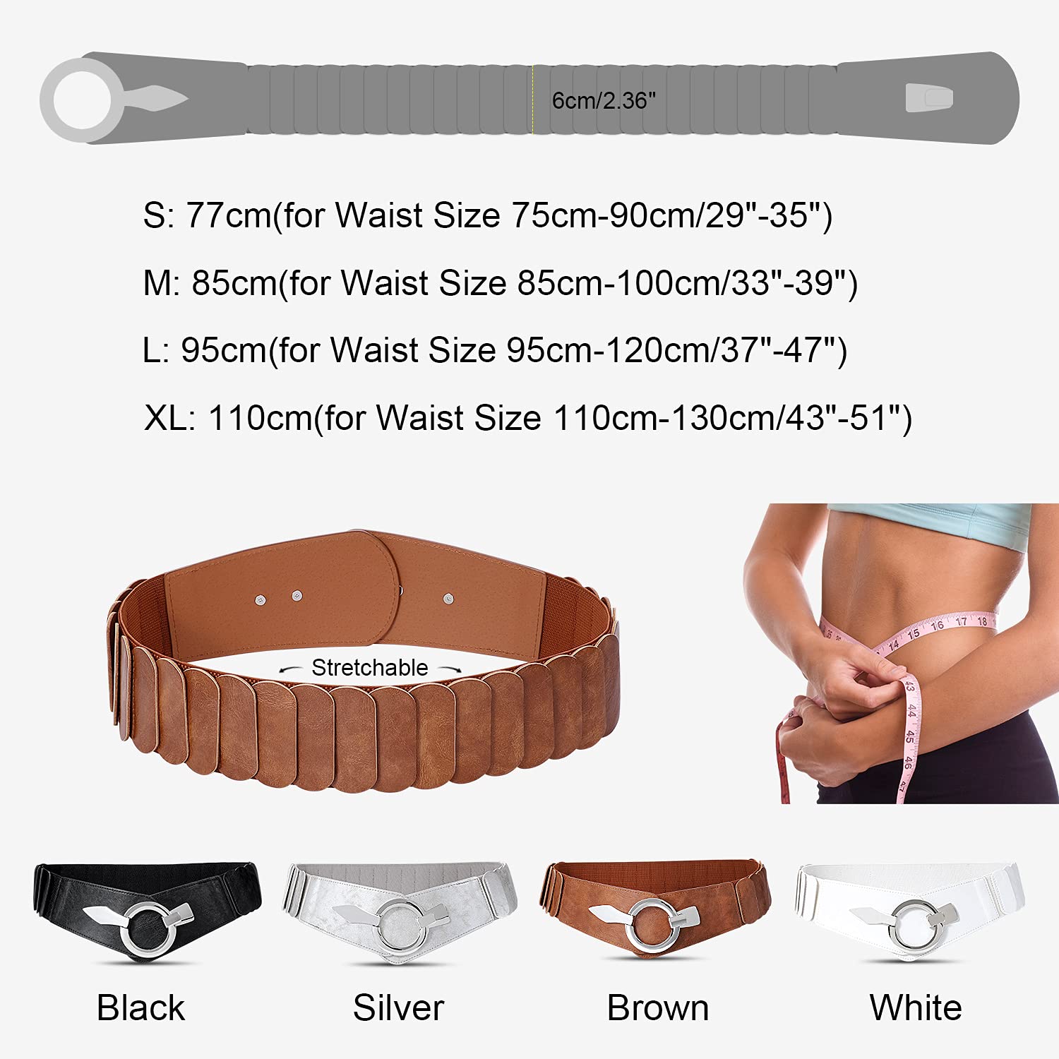 WHIPPY Women Wide Elastic Waist Belt Vintage Wide Stretch Waist Belt Fashion Retro Leather Waistband for Dresses, Brown, L