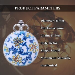 Whodoit Unique Design Blue and White Porcelain Flower Pocket Watches Roman Number Mechanical Pocket Watches