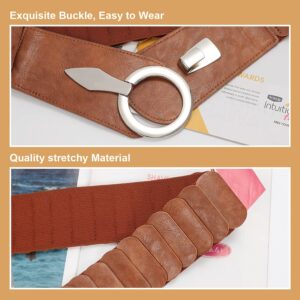 WHIPPY Women Wide Elastic Waist Belt Vintage Wide Stretch Waist Belt Fashion Retro Leather Waistband for Dresses, Brown, L