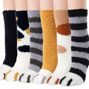 Ginmewrae Women Fuzzy Socks 6 Pairs Cozy Soft Fluffy Cute Cat Animal Slipper Socks Home Sleeping Warm Socks Christmas Gifts Pack for Women