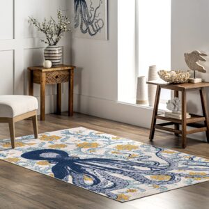 nuloom patricia machine washable octopus ultra thin area rug, 5x8, blue