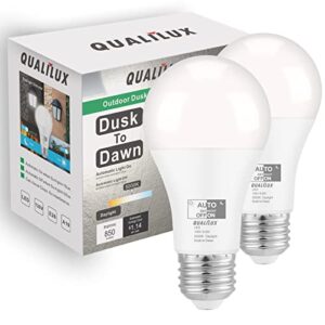 qualilux dusk to dawn light bulbs outdoor, 60w equivalent, daylight, non-dimmable, led 9.5w, a19, 2-pack, hq-h011