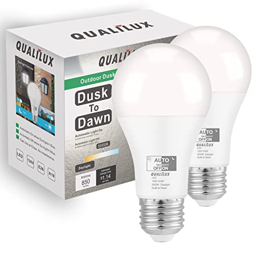 Qualilux Dusk to Dawn Light Bulbs Outdoor, 60W Equivalent, Daylight, Non-Dimmable, LED 9.5W, A19, 2-Pack, HQ-H011