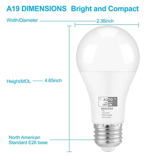 Qualilux Dusk to Dawn Light Bulbs Outdoor, 60W Equivalent, Daylight, Non-Dimmable, LED 9.5W, A19, 2-Pack, HQ-H011