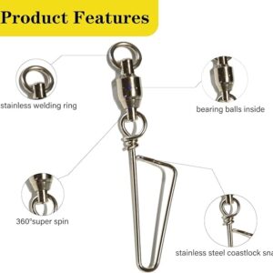 Vinfutin Fishing Ball Bearing Swivel with Coastlock Snap,20pcs/Box Fishing Snap Swivels High Strength Stainless Steel Saltwater Barrel Swivel Snaps Size 0#~6#,Test 26LB~180LB Fishing Tackle 1#-20pcs