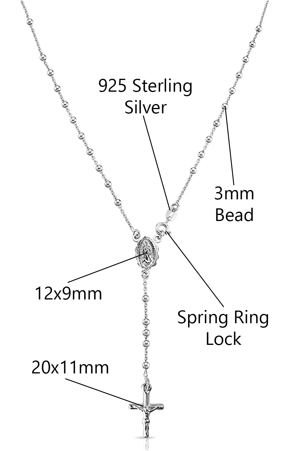 Savlano 925 Sterling Silver Italian Solid Bead Chain Cross & Rosary Virgin Mary Pendant Y Necklace Comes With Gift Box for Women - Made in Italy (20, 3mm)