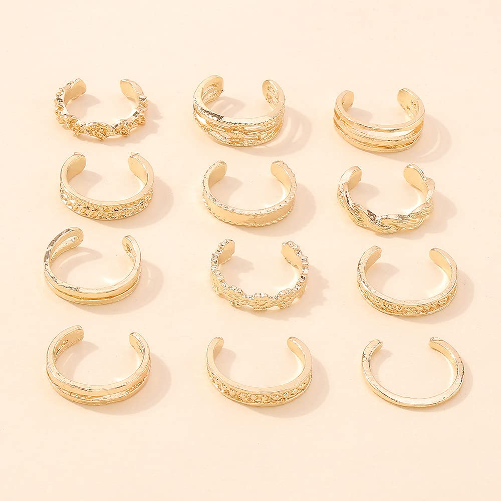 Wiwpar Vintage Knuckle Midi Ring Set Open Rings Gold for Women Adjustable Set 12Pcs