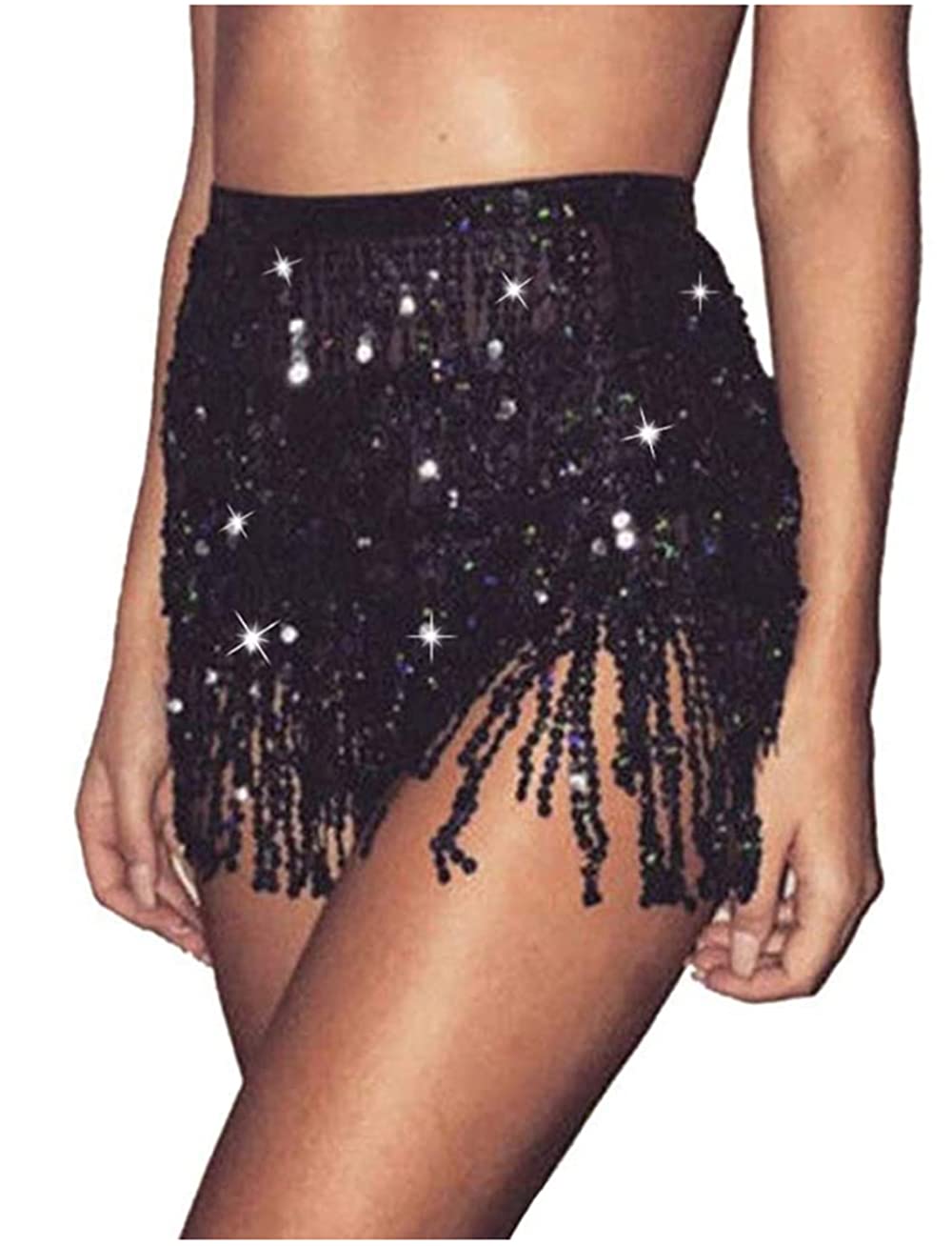 Rave Clothes Metallic Skirt Outfits Black Sequin Sparkly Fringe Skirt Pink Hat Space Cowboy Cowgirl Belly Dance Hip Scarf for Women