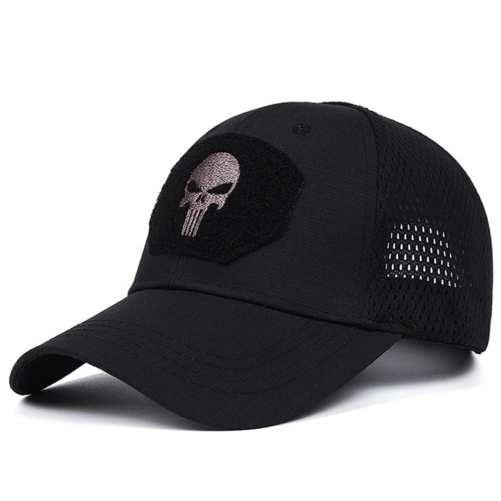 HANERREAL Skull Mesh Baseball Cap Men Tactical Operator Caps Fitted Outdoor Breath Hats (Black)