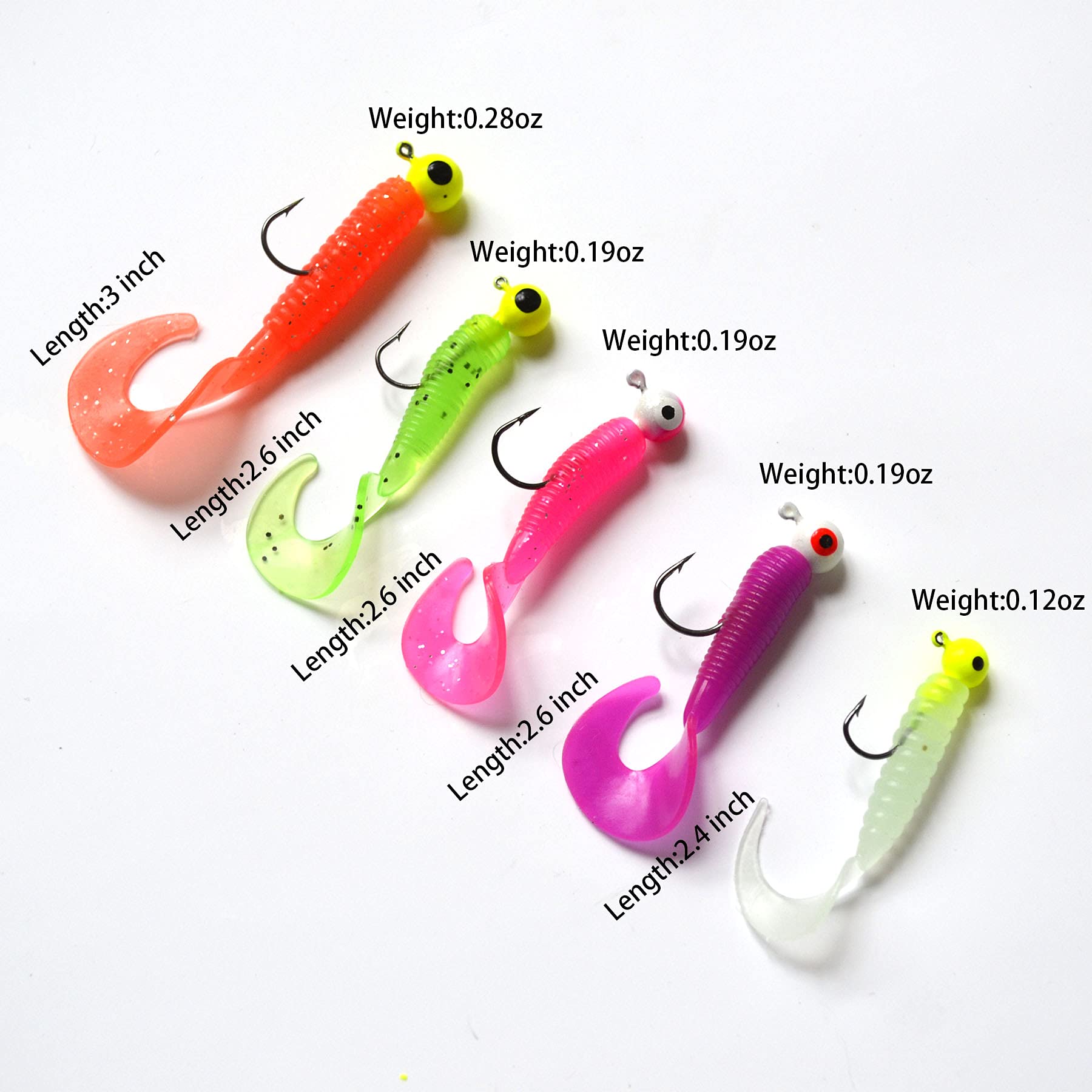 15 Pcs Ball Jig Heads Hooks with Bait Worms Lure Set Grub Tail Set Smell Artificial Bait Crappie Jigs Tubes Baits 3D Eyes Long Tail for Bass Trout 7.9g /5.2g/3.5g with Tackle Box