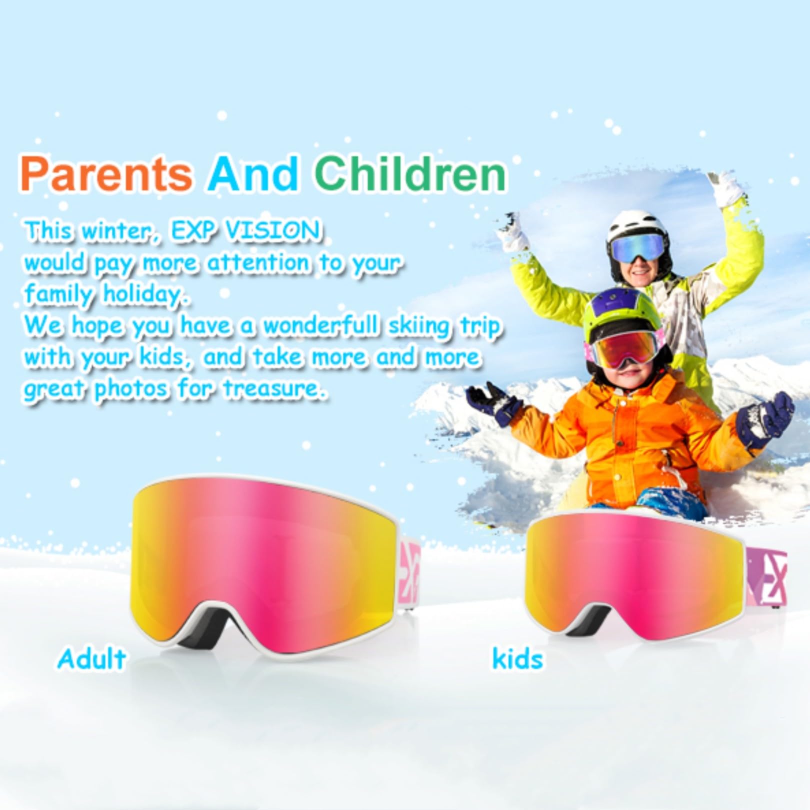 EXP VISION Ski Goggles Over Glasses Snow Goggles Anti Fog Snowboard Goggles for Men, Women Youth (Adult Ski Goggles-Pink)