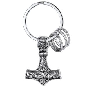 keyrings for men, thor hammer stainless steel norse viking jewelry for male, mjolnir amulet key rings silver for dad