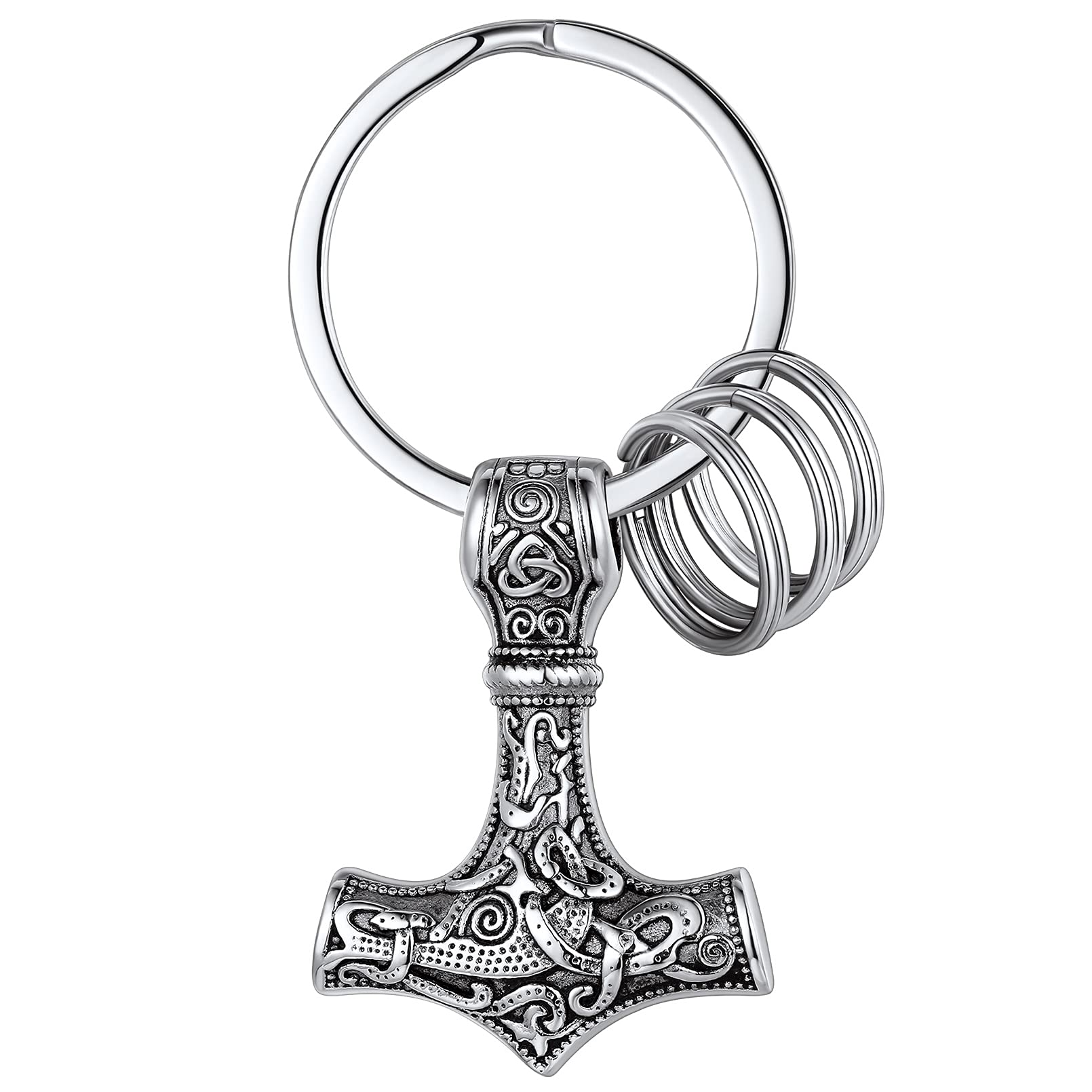 Keyrings for Men, Thor Hammer Stainless Steel Norse Viking Jewelry for Male, Mjolnir Amulet Key Rings Silver for Dad