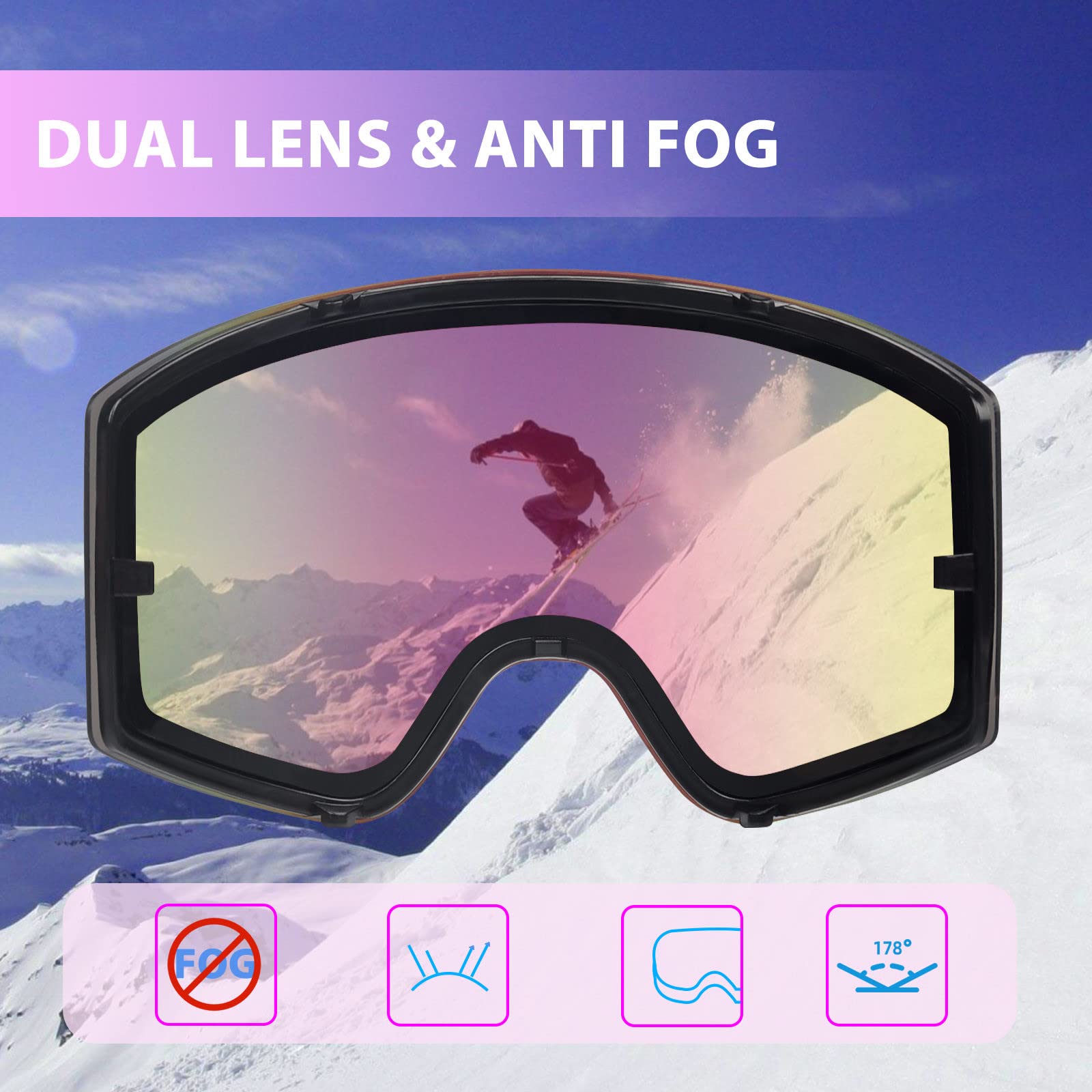 EXP VISION Ski Goggles Over Glasses Snow Goggles Anti Fog Snowboard Goggles for Men, Women Youth (Adult Ski Goggles-Pink)