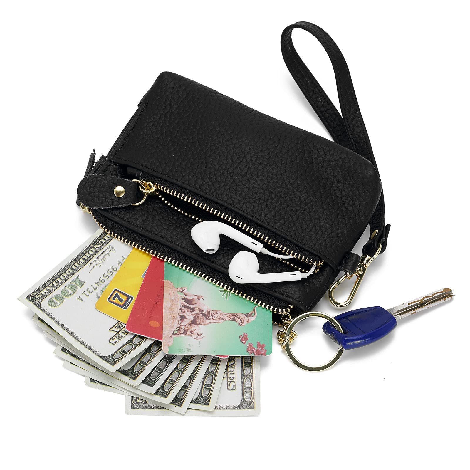 ZOOEASS Women Leather Coin Purse,Large Opening For Easy Access,With Wrist Strap(Black)