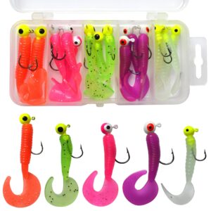 15 pcs ball jig heads hooks with bait worms lure set grub tail set smell artificial bait crappie jigs tubes baits 3d eyes long tail for bass trout 7.9g /5.2g/3.5g with tackle box