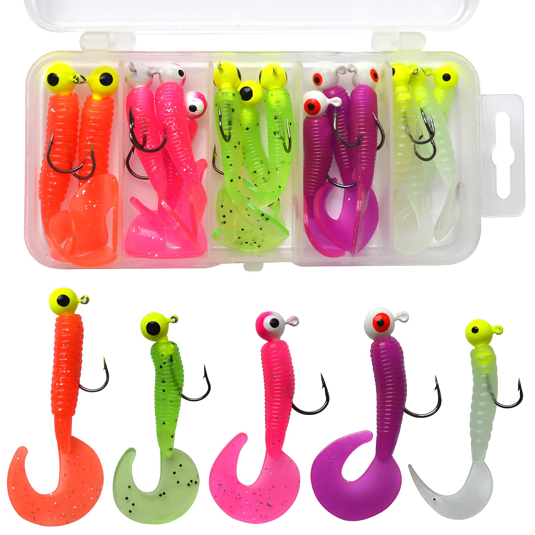 15 Pcs Ball Jig Heads Hooks with Bait Worms Lure Set Grub Tail Set Smell Artificial Bait Crappie Jigs Tubes Baits 3D Eyes Long Tail for Bass Trout 7.9g /5.2g/3.5g with Tackle Box