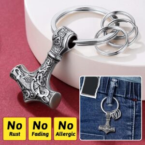 Keyrings for Men, Thor Hammer Stainless Steel Norse Viking Jewelry for Male, Mjolnir Amulet Key Rings Silver for Dad