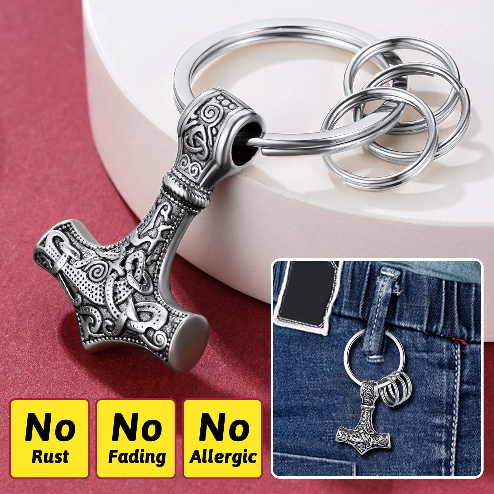 Keyrings for Men, Thor Hammer Stainless Steel Norse Viking Jewelry for Male, Mjolnir Amulet Key Rings Silver for Dad