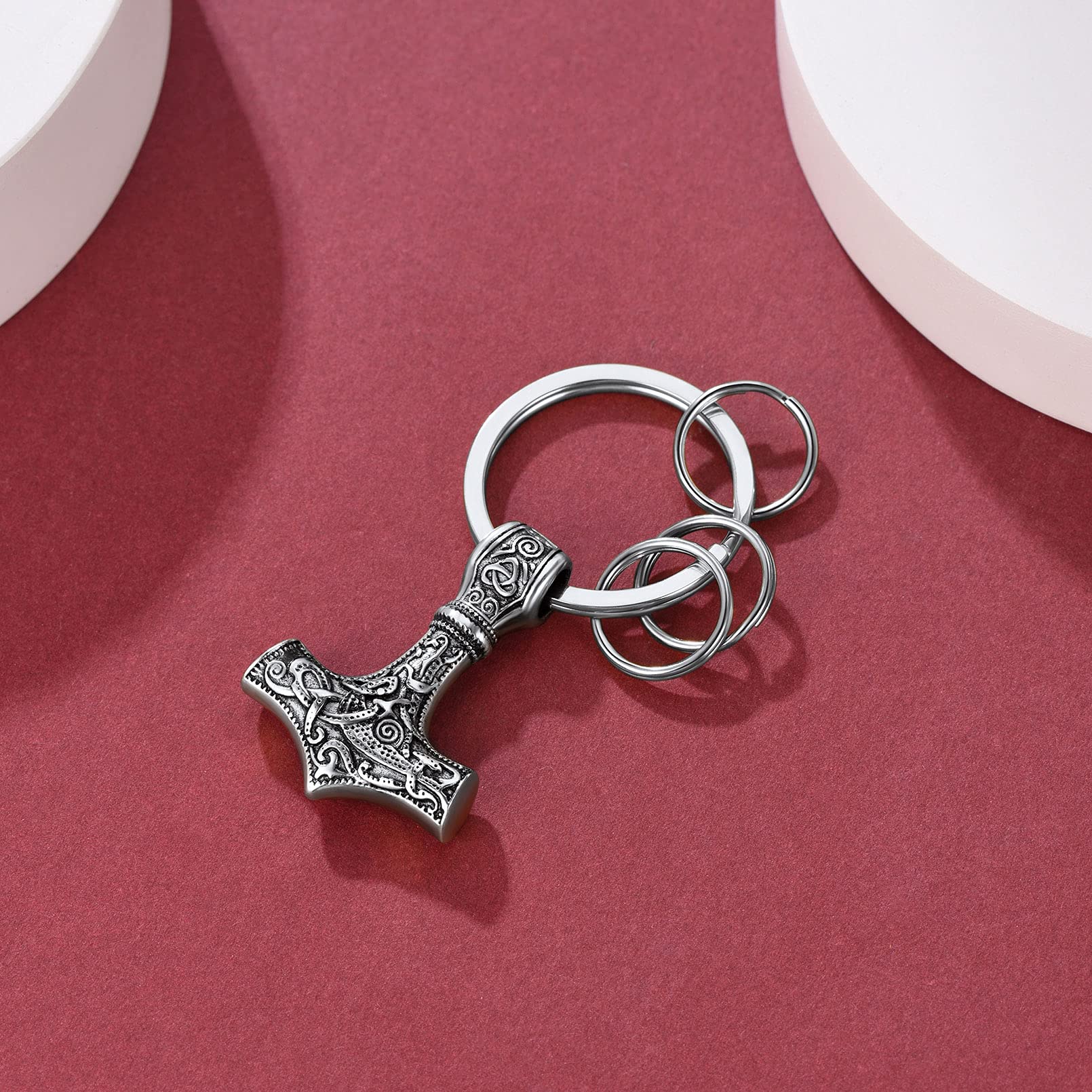 Keyrings for Men, Thor Hammer Stainless Steel Norse Viking Jewelry for Male, Mjolnir Amulet Key Rings Silver for Dad