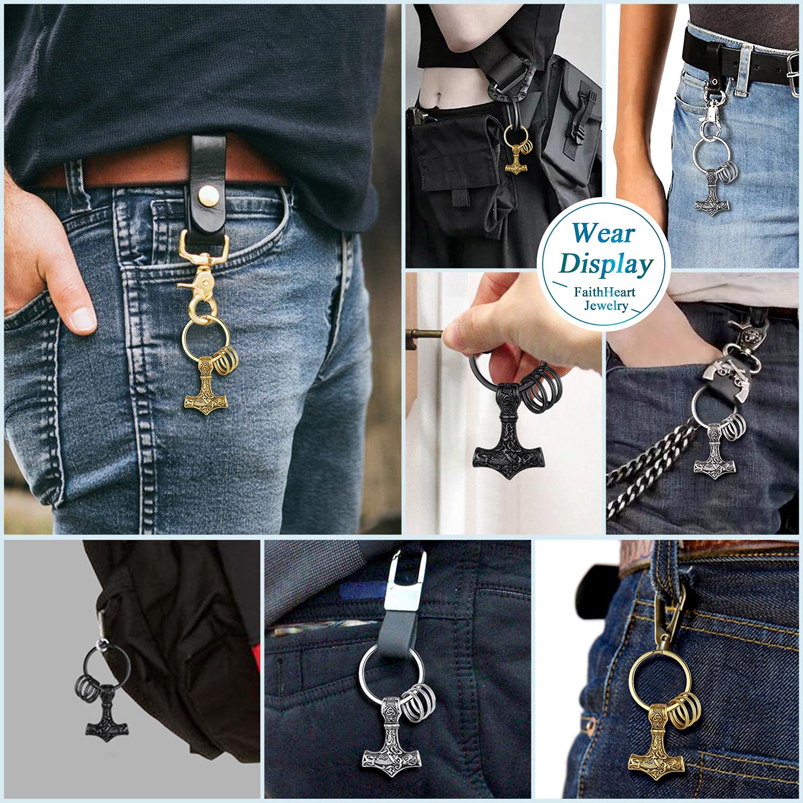 Keyrings for Men, Thor Hammer Stainless Steel Norse Viking Jewelry for Male, Mjolnir Amulet Key Rings Silver for Dad