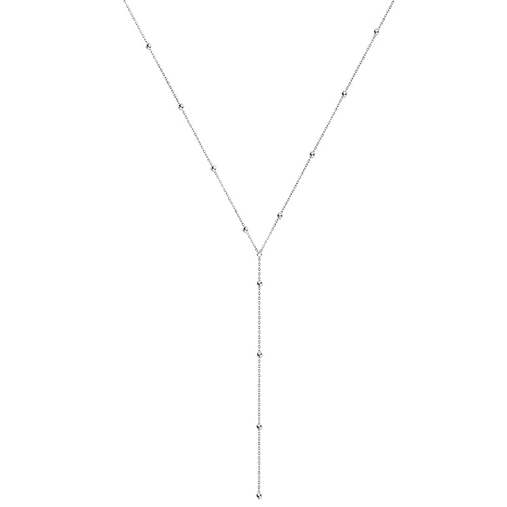 Ball Bead Y Necklace for Women Girls Silver Plated Fashion Choker Chain Drop Adjustable Hypoallergenic Simple Jewelry 17 Inch (Sliver)