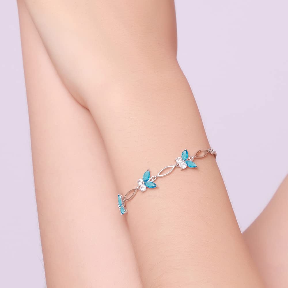 Nieboa S925 Sterling Silver Purple Butterfly Bracelets for Women,Adjustable and Charm Wrist Bracelets Anniversary Jewelry Gift for Women (Blue)