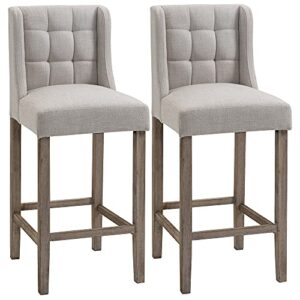 homcom modern bar stools, tufted upholstered barstools, pub chairs with back, rubber wood legs for kitchen, dinning room, set of 2, beige