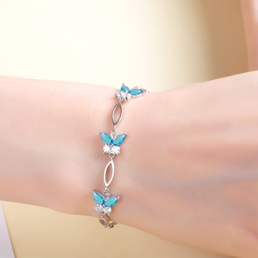 Nieboa S925 Sterling Silver Purple Butterfly Bracelets for Women,Adjustable and Charm Wrist Bracelets Anniversary Jewelry Gift for Women (Blue)