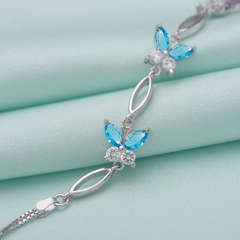 Nieboa S925 Sterling Silver Purple Butterfly Bracelets for Women,Adjustable and Charm Wrist Bracelets Anniversary Jewelry Gift for Women (Blue)