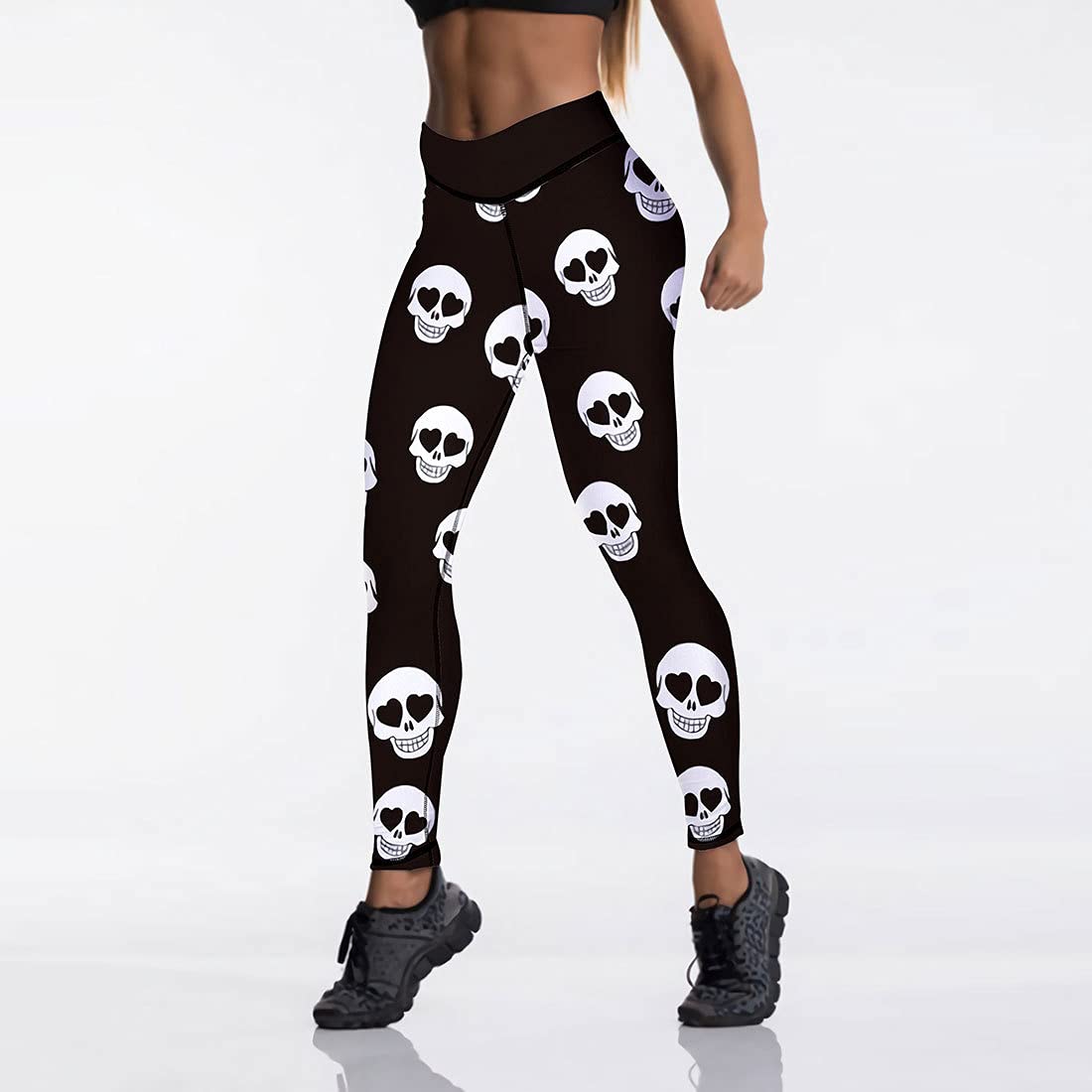 JIFRE Soft High Waist Slim Yoga Halloween Love Skull Printed Pants for Sportwear Long Trousers Fitness (Love Skull, M)