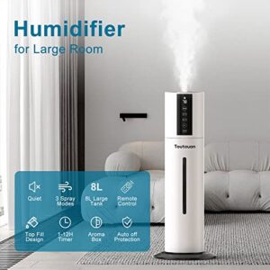 TOUTOUAN Humidifiers Large Room Bedroom ，2.1Gal(8L) 3 Speed Quiet Ultrasonic Cool Mist Humidifier with 360° Nozzle, Humidity Setting, Timer,Aroma Box for Home Plant Baby Yoga Sleep