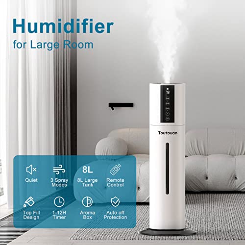 TOUTOUAN Humidifiers Large Room Bedroom ，2.1Gal(8L) 3 Speed Quiet Ultrasonic Cool Mist Humidifier with 360° Nozzle, Humidity Setting, Timer,Aroma Box for Home Plant Baby Yoga Sleep