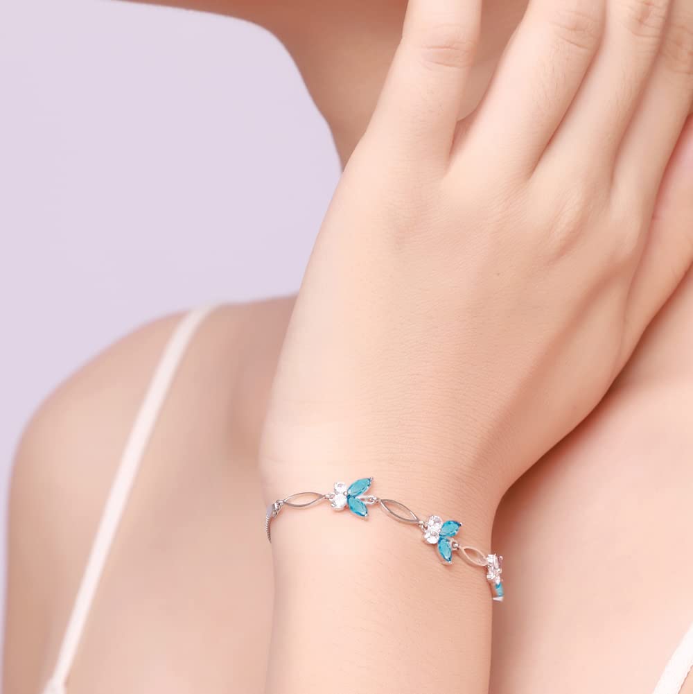 Nieboa S925 Sterling Silver Purple Butterfly Bracelets for Women,Adjustable and Charm Wrist Bracelets Anniversary Jewelry Gift for Women (Blue)