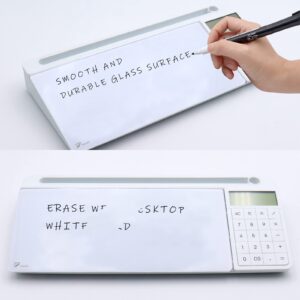 TOWON Desktop Glass Whiteboard with Basic Calculator, 12 Digit LCD Display, Desk Organizers with Accessories for Office, Home, School Supplies, Storage with Dry Erase Board Surface, White, 18'' x 6''