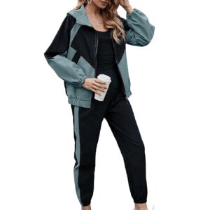 SweatyRocks Women's 2 Piece Outfits Long Sleeve Full Zip Jacket and Pants Tracksuit Set Green Black L