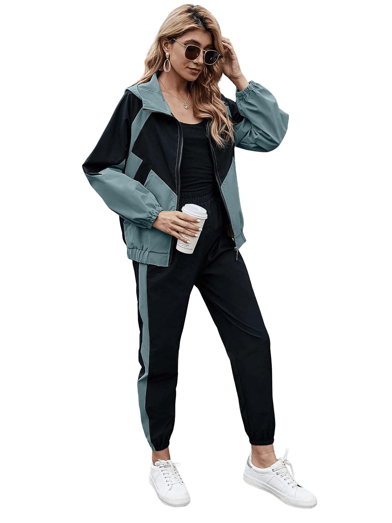 SweatyRocks Women's 2 Piece Outfits Long Sleeve Full Zip Jacket and Pants Tracksuit Set Green Black L